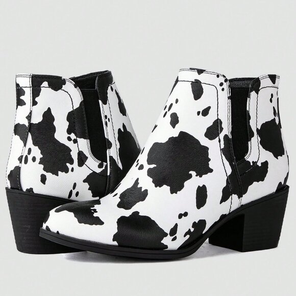 Shoes | Cow Print Western Womens Low Heel Pull On Ankle Cowboy Boots ...